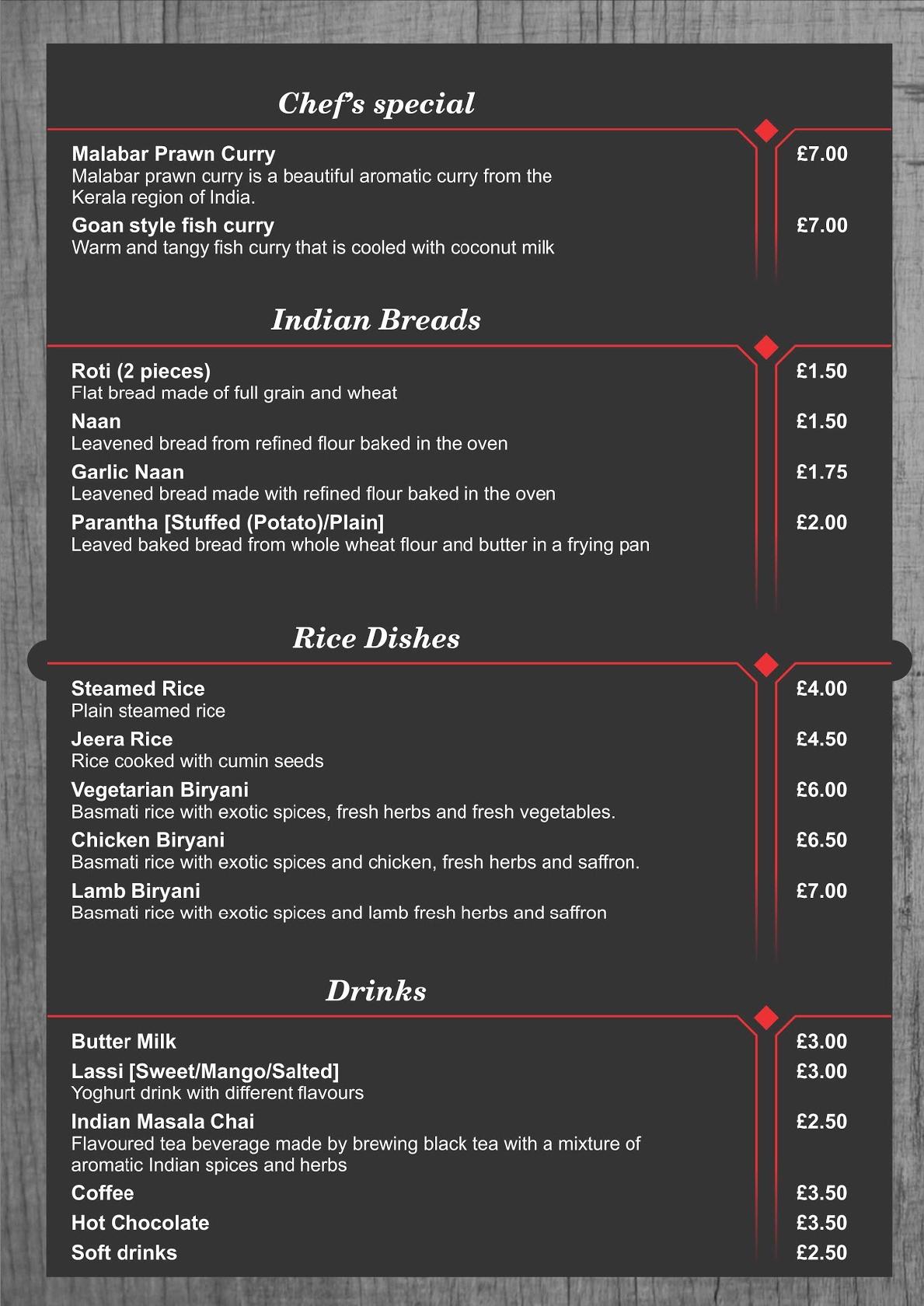 Menu at Mirch Masala Rasoi Indian Restaurant, Bicester