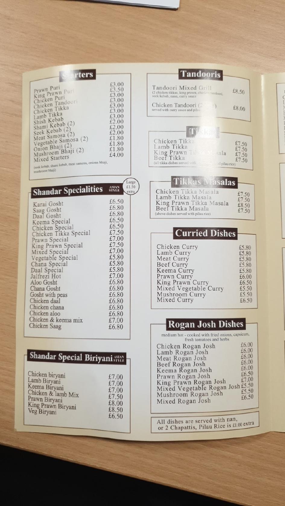 Menu at Shandar Tandoori fast food, Blackburn