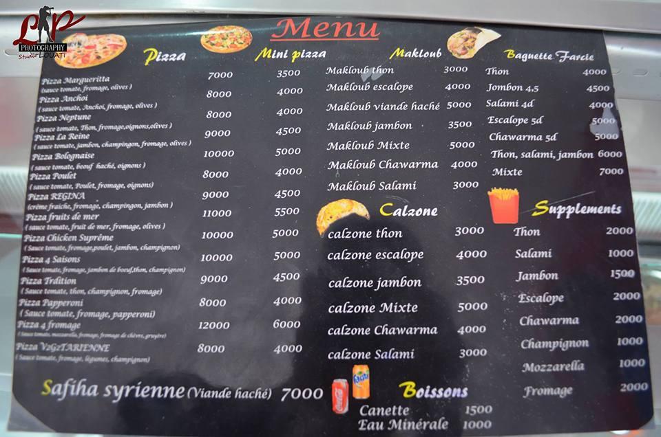 Menu at Vera Pizza restaurant, Hergla