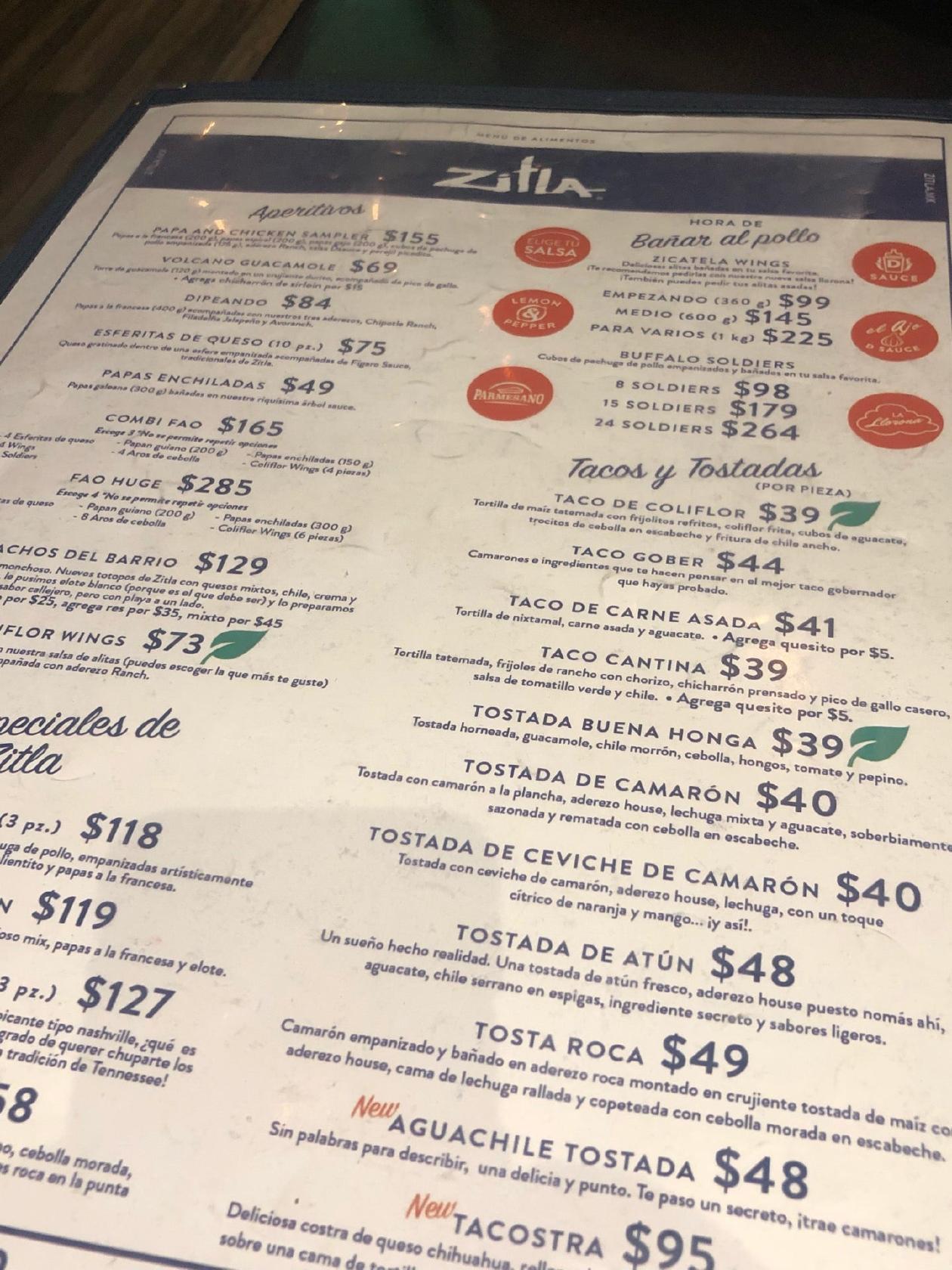 Menu at Zitla & Zicatela restaurant, Monterrey, Carretera Nacional Km. 268