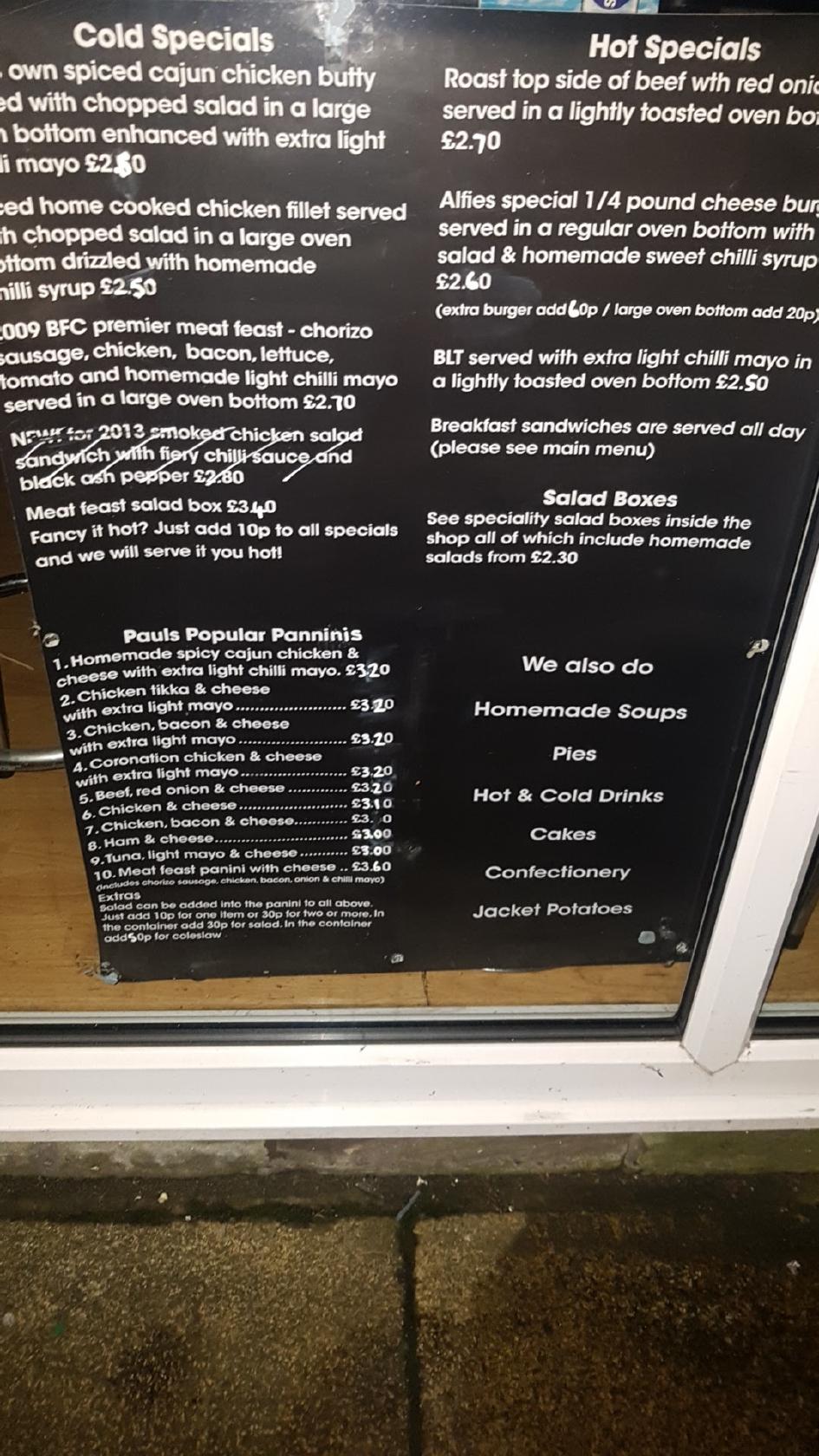 Menu at Alfies Butty Shop cafe, Burnley