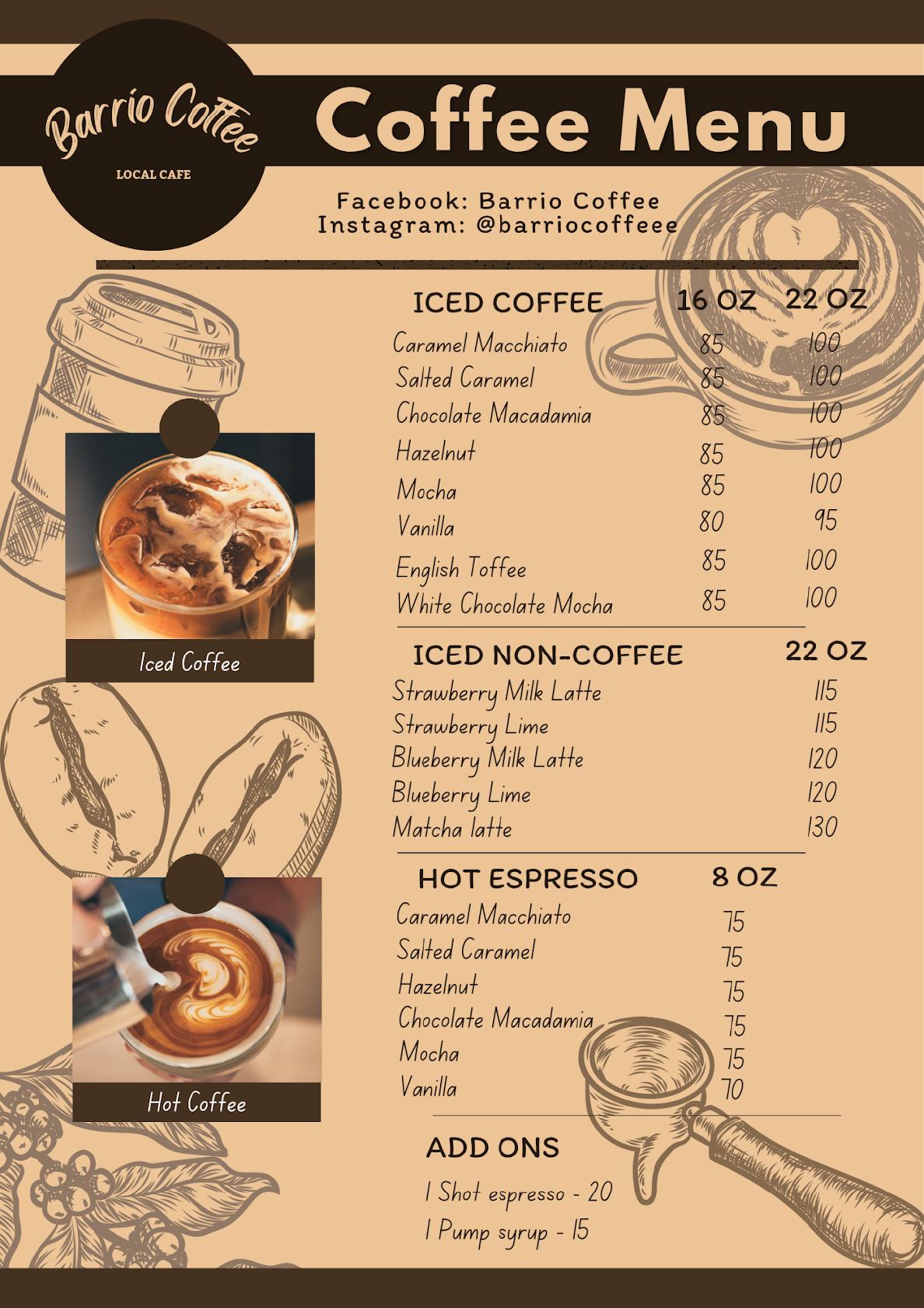Menu at Barrio Coffee, Calumpit