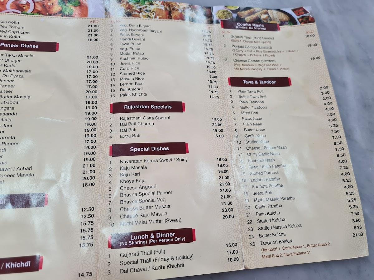 Carta de Bhavna Restaurant, Abu Dabi, Sheikh Hamdan Bin Mohammed Street ...