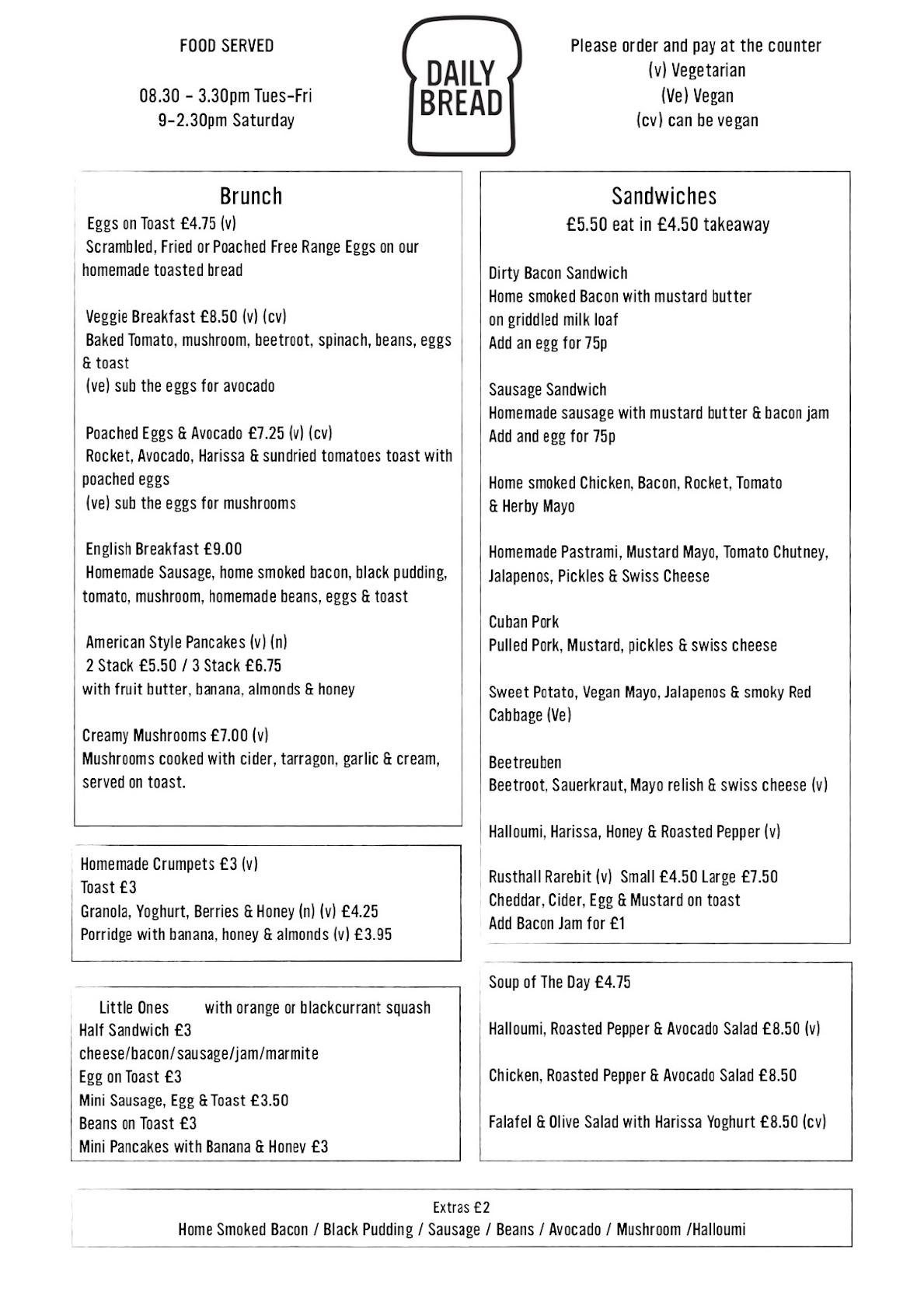 Menu at Daily Bread cafe, Royal Tunbridge Wells, 27-29 Rusthall High St