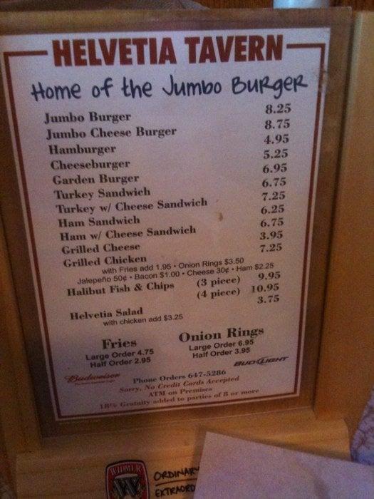 Carta del pub y bar Helvetia Tavern, Hillsboro, NW Helvetia Rd