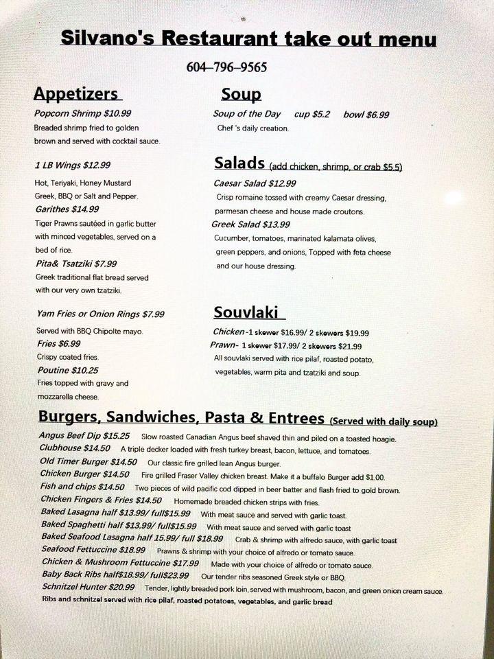 Menu at Silvano's Restaurant, Agassiz