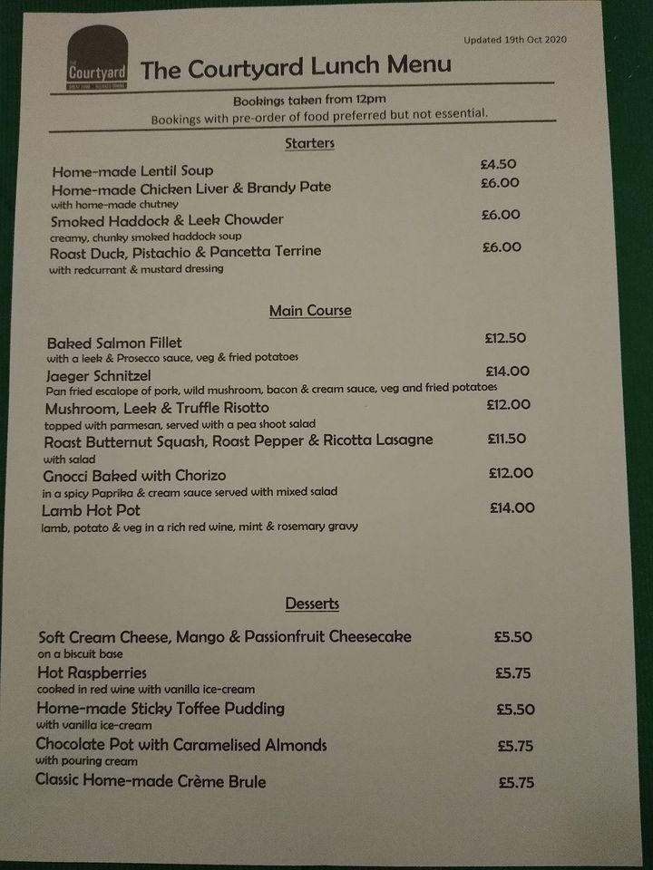 Menu at The Courtyard restaurant, Cupar