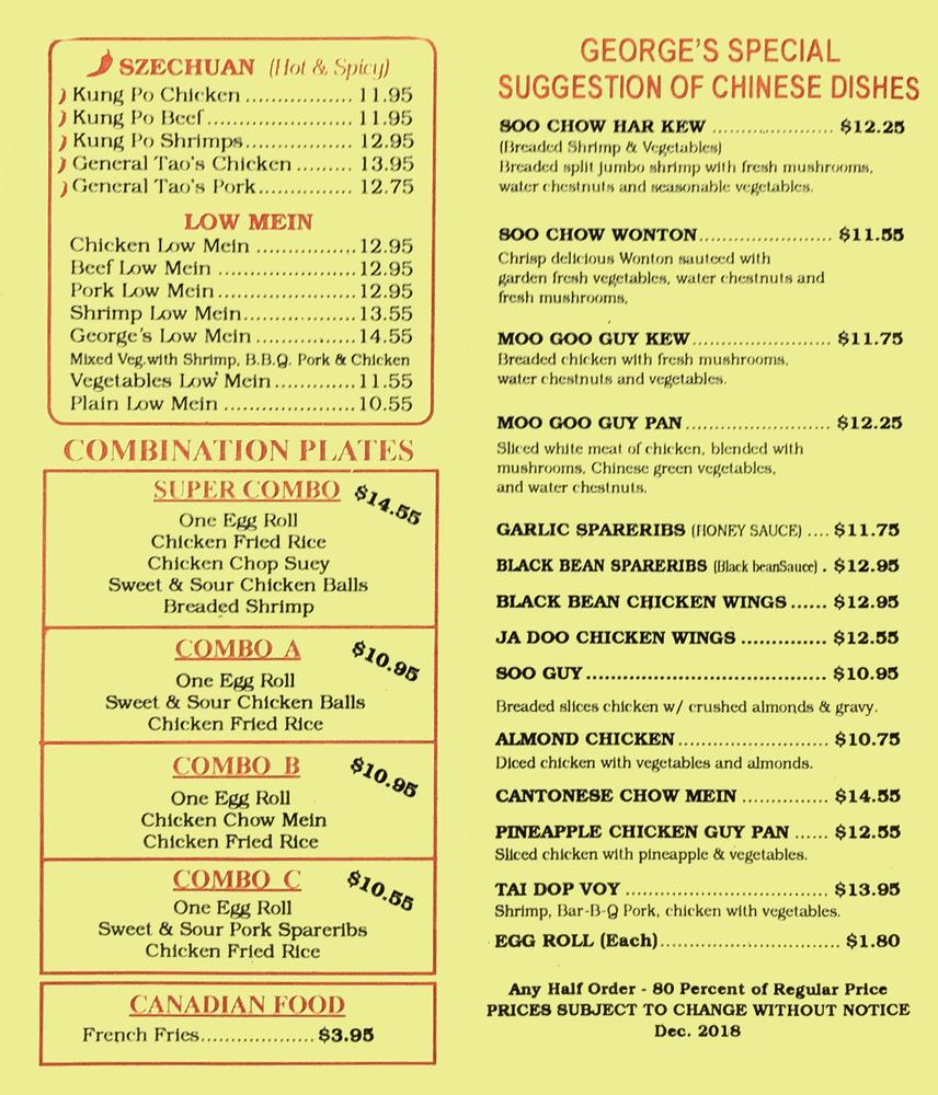 Menu at George's China Kitchen restaurant, North Bay