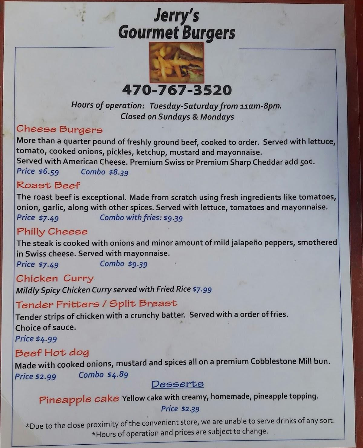 Menu at Jerry's Gourmet Burgers restaurant, Villa Rica