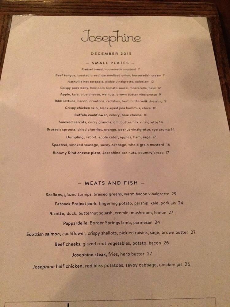 Menu at Josephine restaurant, Nashville