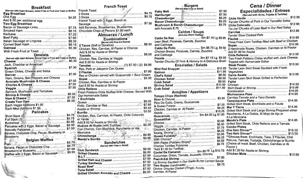 Menu at Mando's Restaurant, Pacific Grove