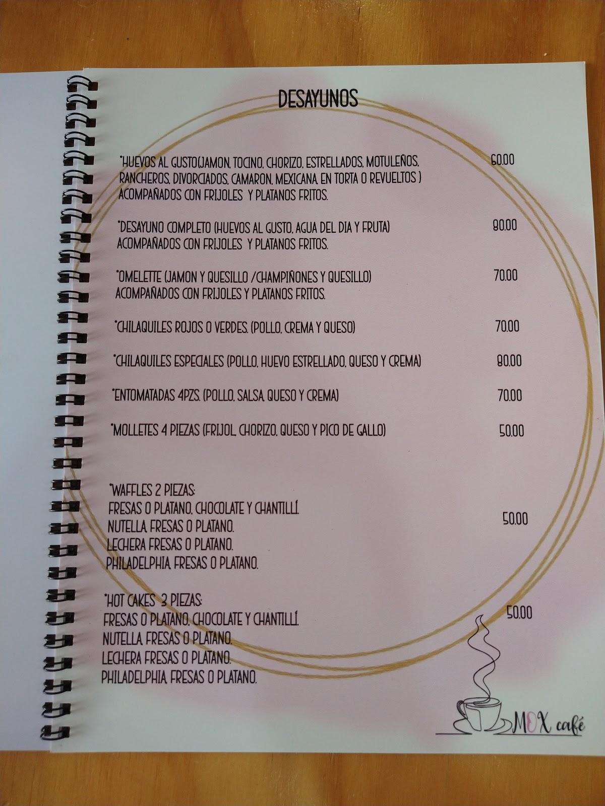 Menu at Mox Café, Tuxtla Gutiérrez, 9a. Sur Ote. 2044