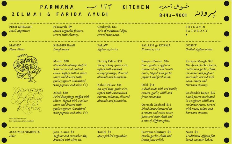 Menu at Parwana Afghan Kitchen restaurant, Torrensville