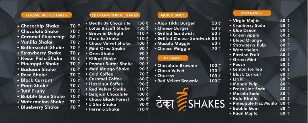 Menu at Theka shakes, Bahadurgarh