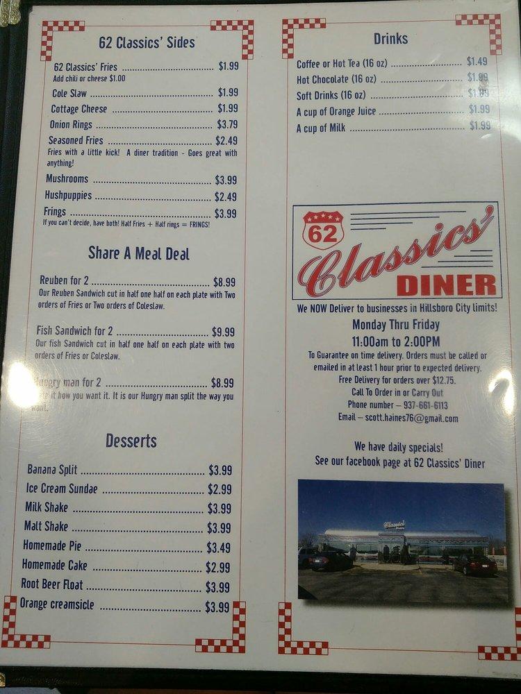 Menu at 62 Classics' Diner restaurant, Hillsboro