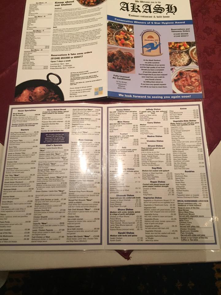 Menu at Akash Indian Tandoori Restaurant, Chippenham