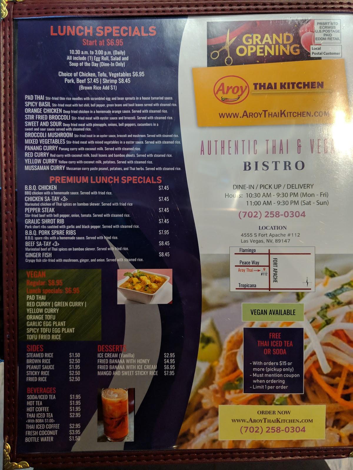Menu at Aroy Thai Kitchen restaurant, Las Vegas