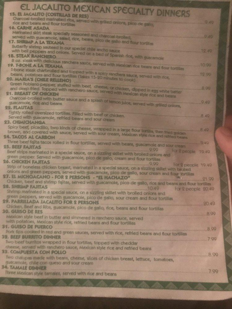 Menu at El Jacalito restaurant, Crandall