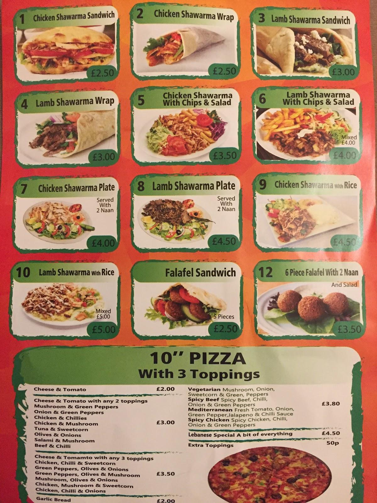 Menu at Lebanese Shawarma restaurant, Oldham