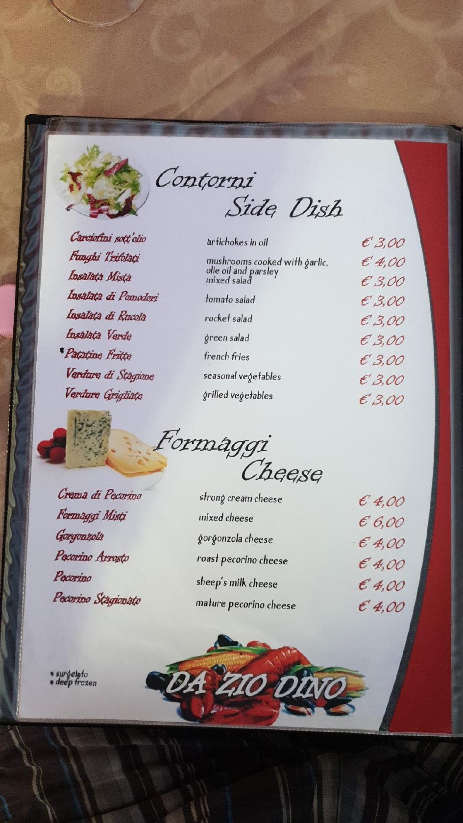 Menu da Ristorante Da Zio Dino, Pula