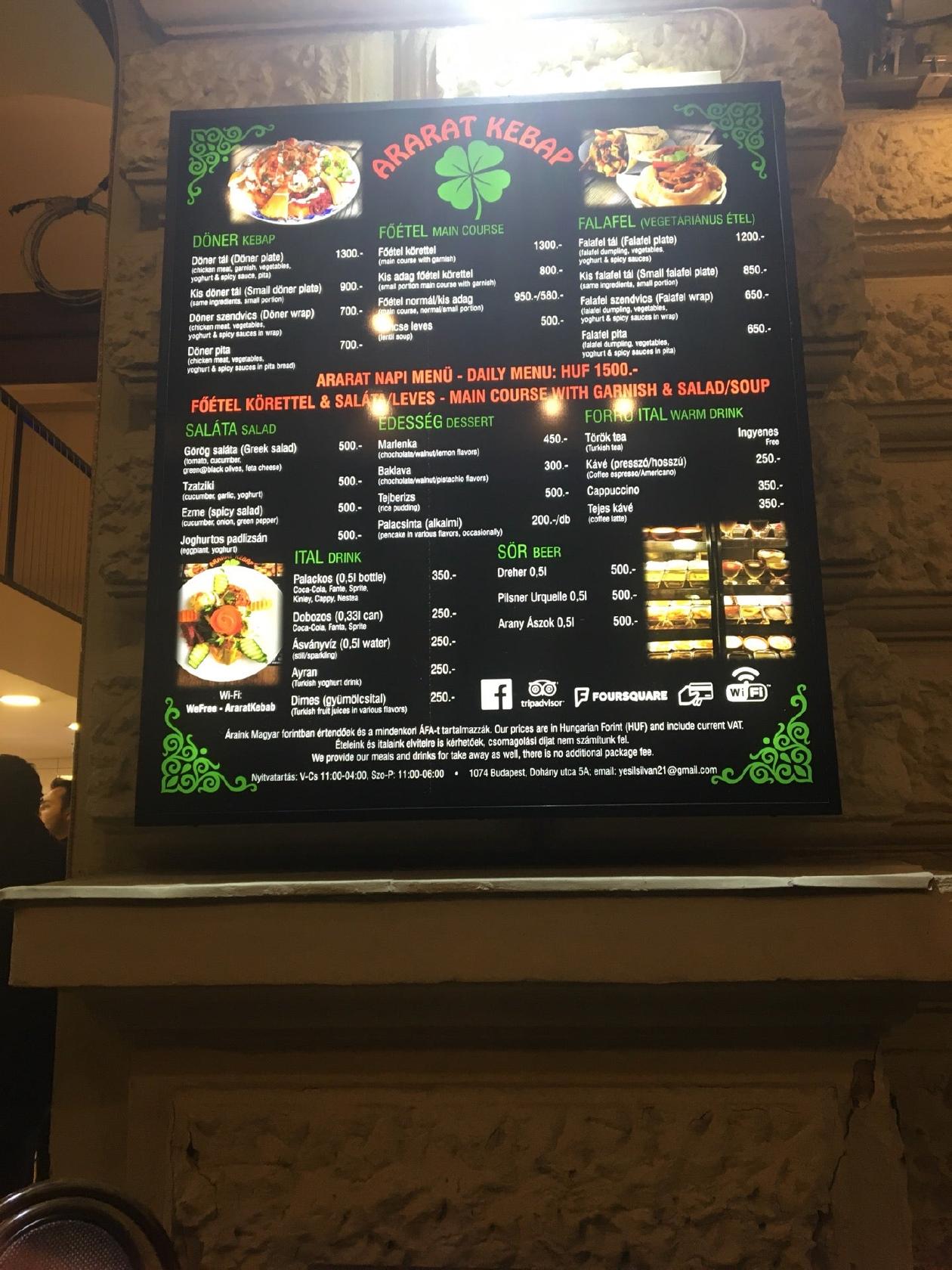 Carta del restaurante Chef 0210 Kebab, Budapest, Margit körút 5a
