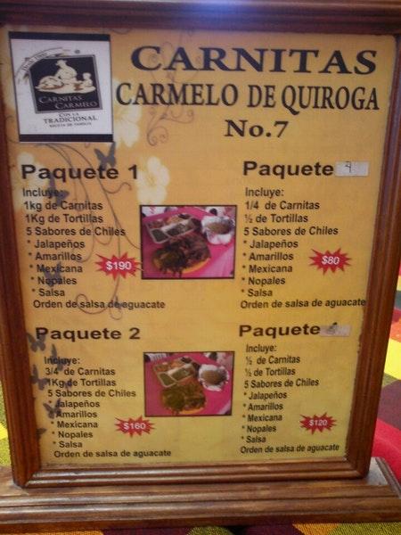 Menu at Carnitas Carmelo de Quiroga # 7 restaurant, Morelia, Perif ...