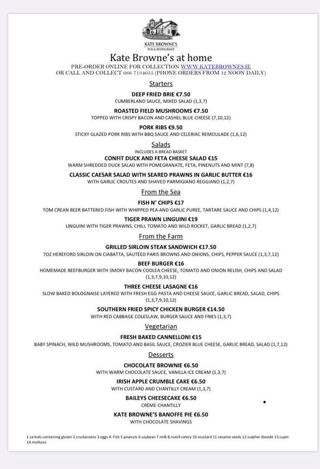 Menu at Kate Browne's Restaurant & Bar, Ardfert