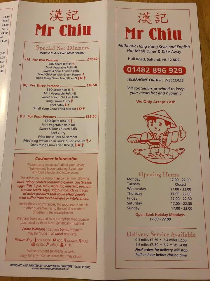 Menu at Mr Chiu restaurant, Hull