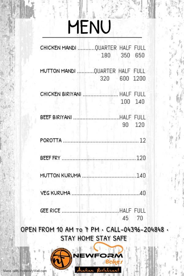 Menu at New Form Restaurant, Kalpetta
