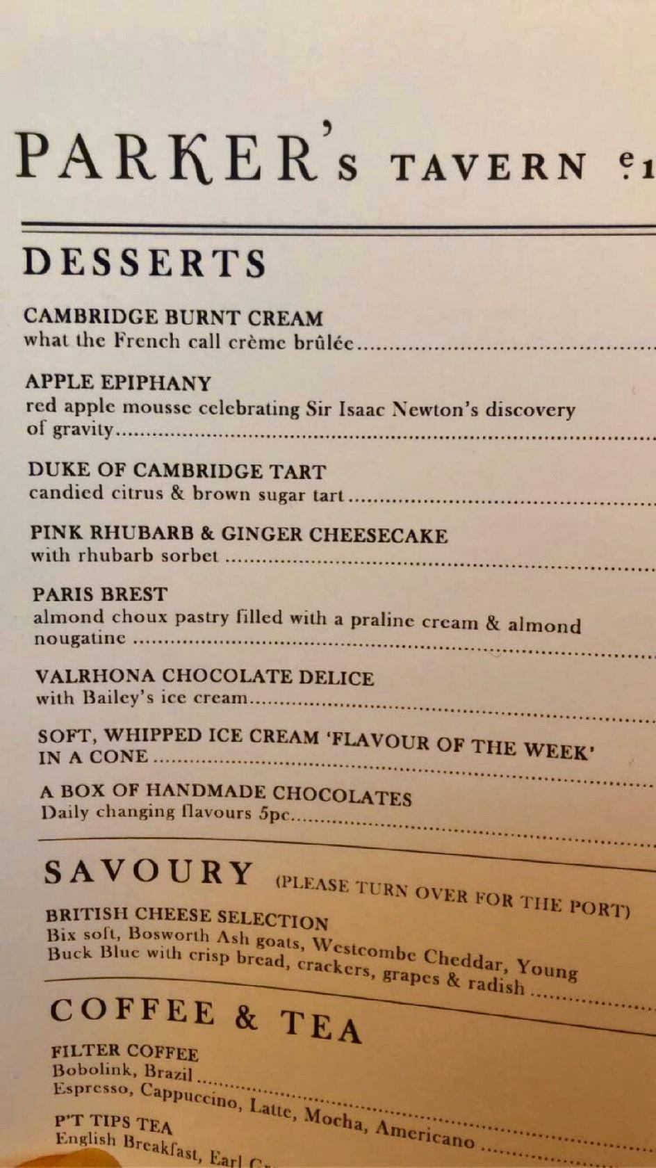 Menu at Parker's Tavern restaurant, Cambridge, 52-42 Regent St