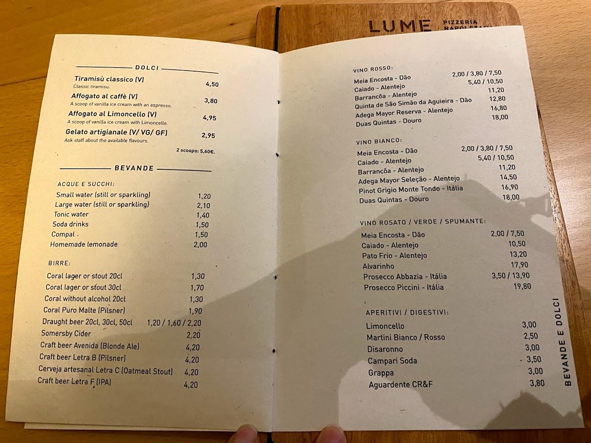 Menu at Lume Pizzeria, Funchal