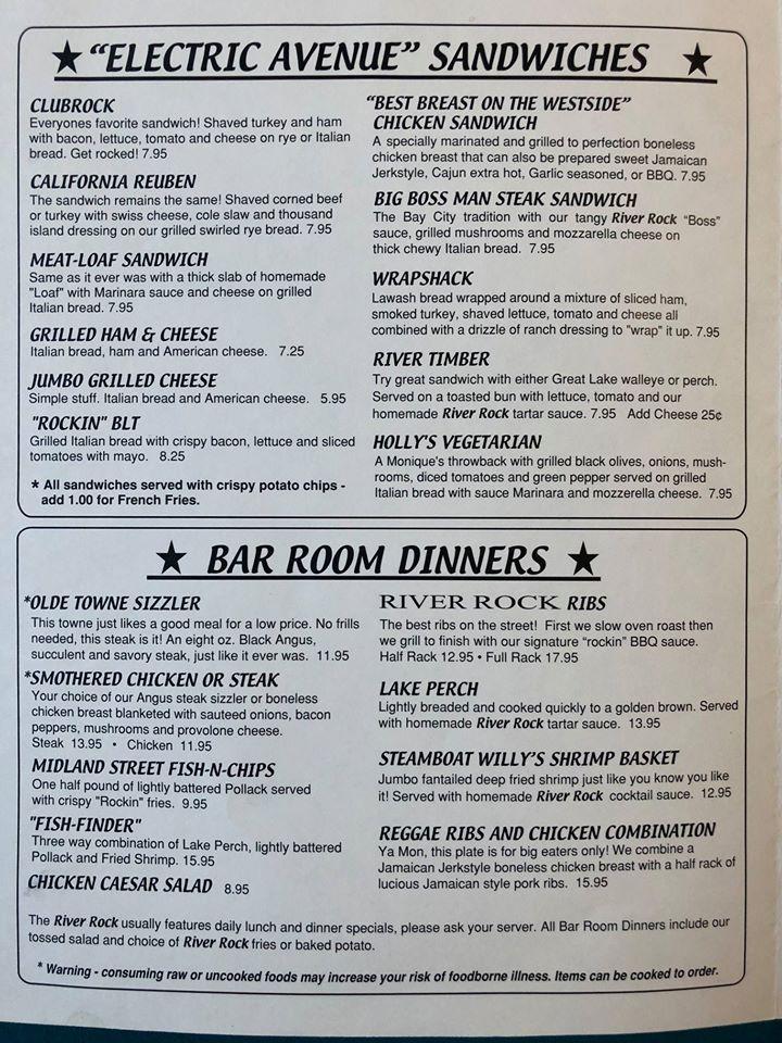Menu at River Rock Cafe, Bay City