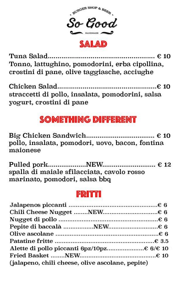 Carta del restaurante So Good - Burger Shop & Beer, Cambiago