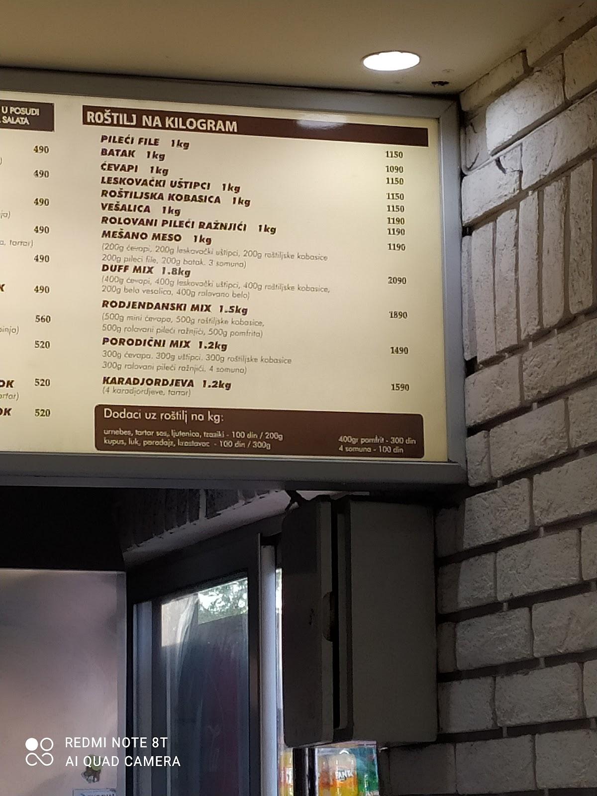 Menu at Stari Duff restaurant, Belgrade