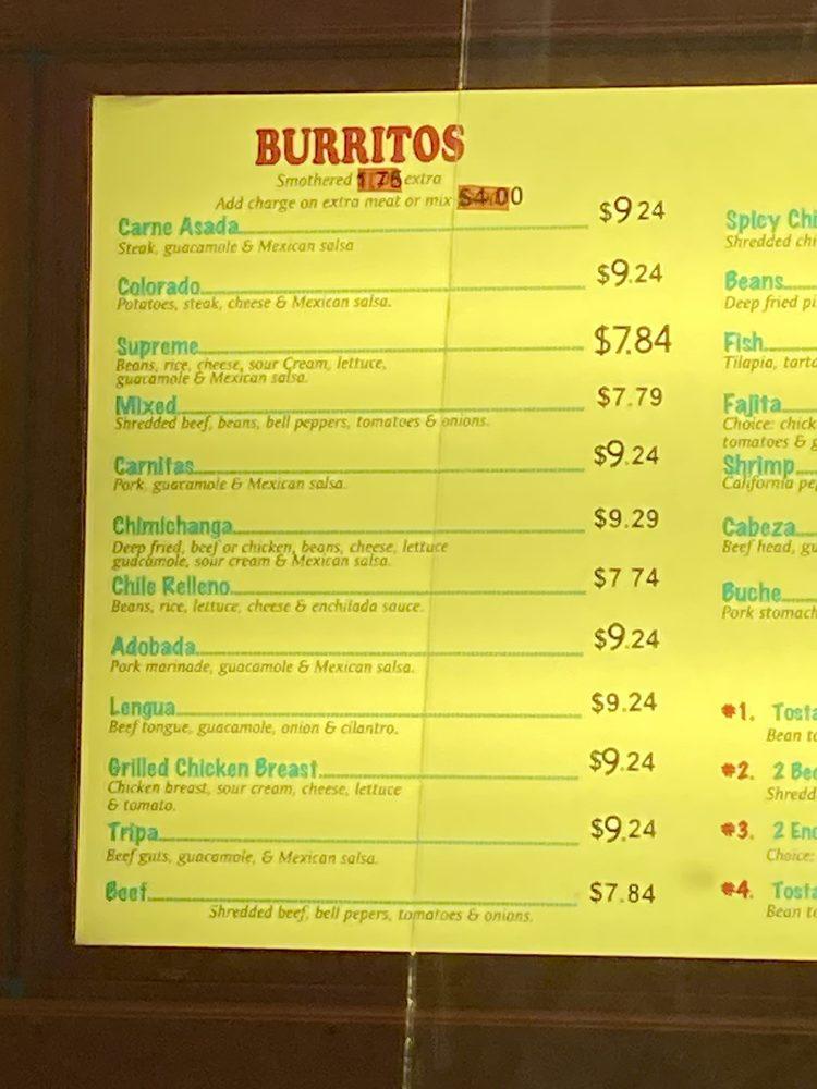 Carta de comida rápida Tacos Los Compas, Denver