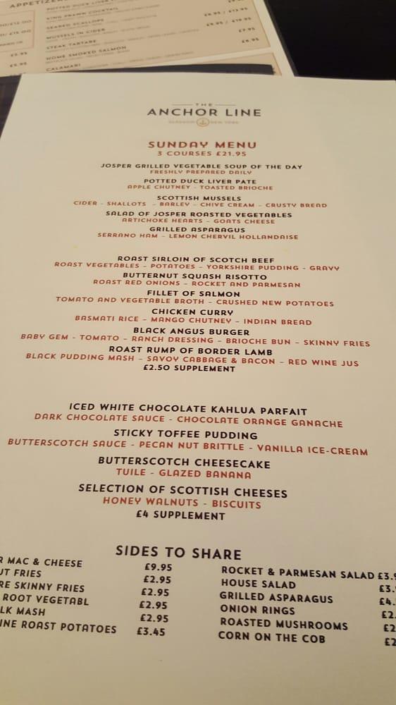 Menu at The Anchor Line steakhouse, Glasgow