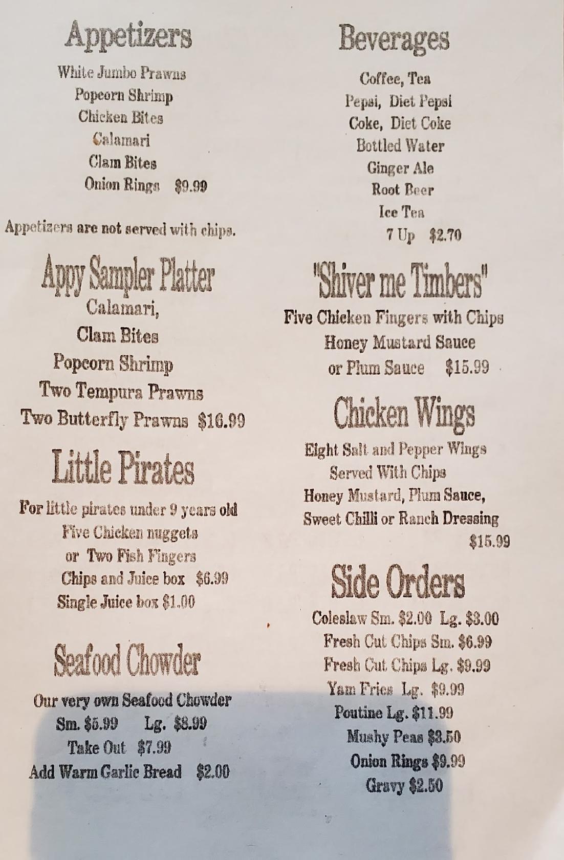 Menu at Captain Georges Seafood restaurant, Parksville