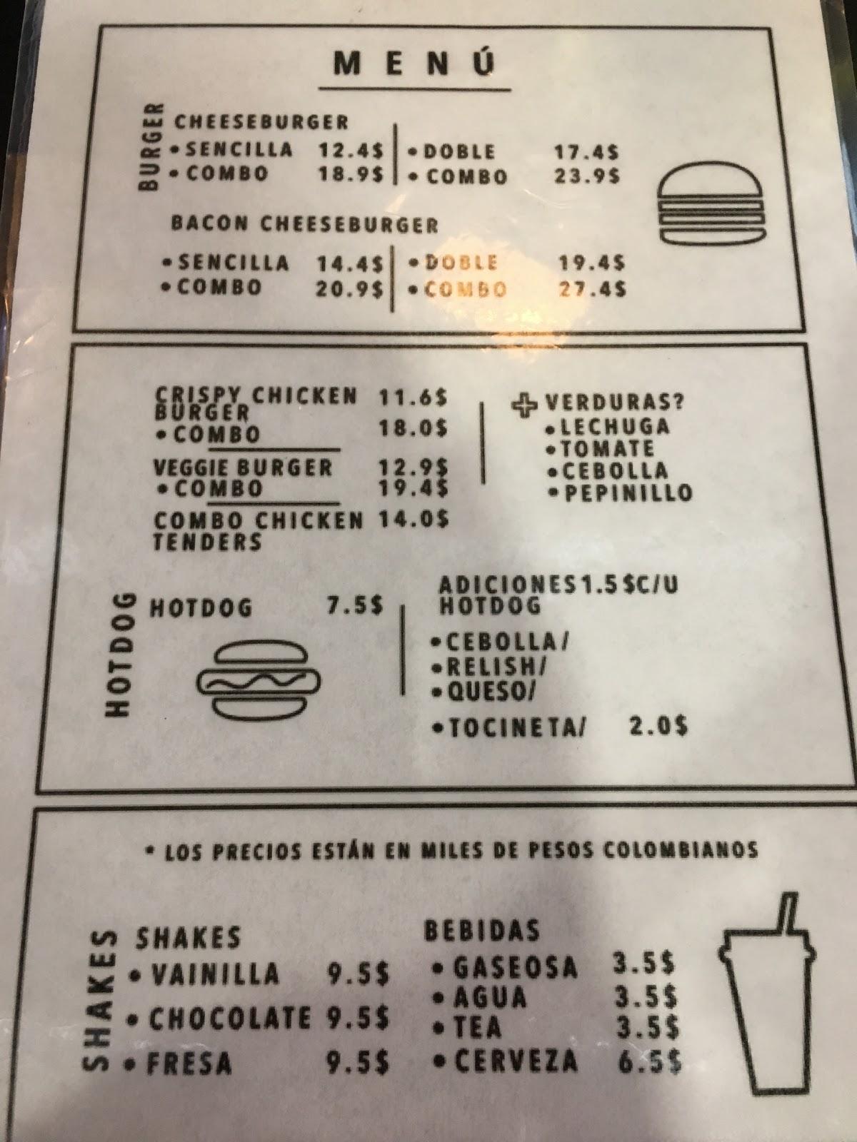 Menu at Central Burger's restaurant, Barranquilla