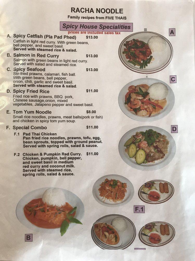 Menu at Racha Noodle restaurant, Redding