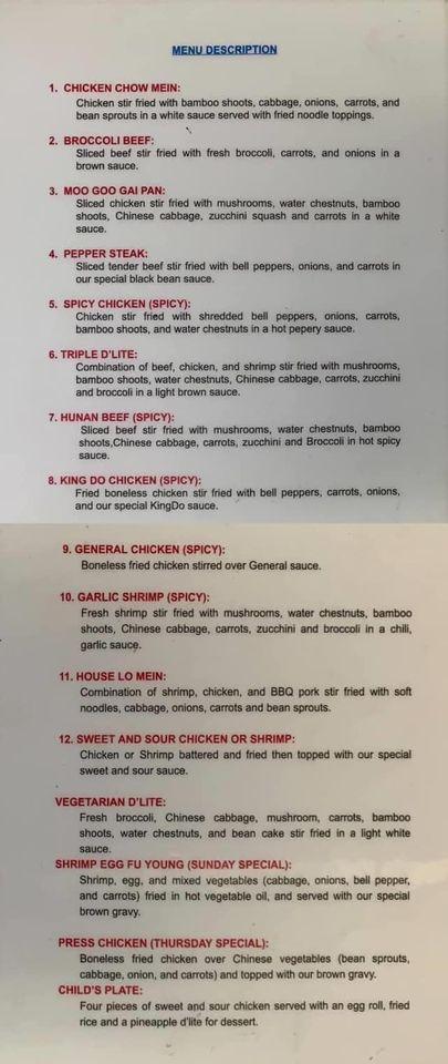 Menu at Wok D'Lite restaurant, Lake Charles