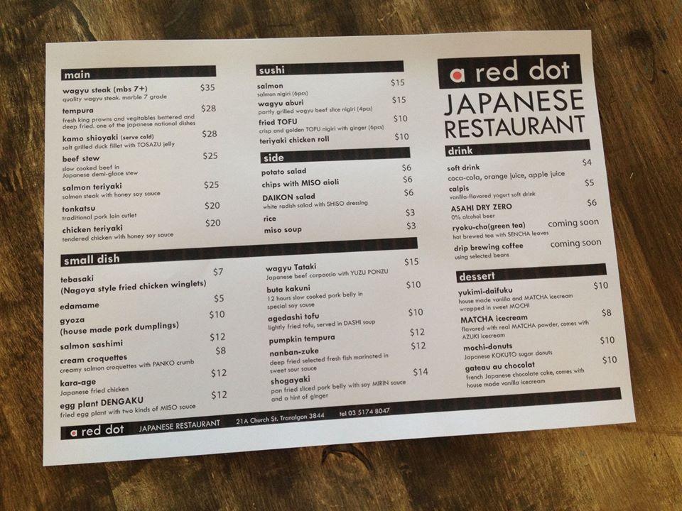 Menu at A red dot Japanese Restaurant, Traralgon