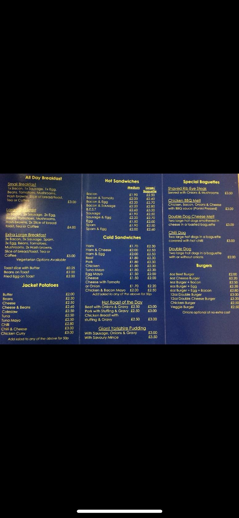 Menu at Baden’s Butties cafe, Pontefract
