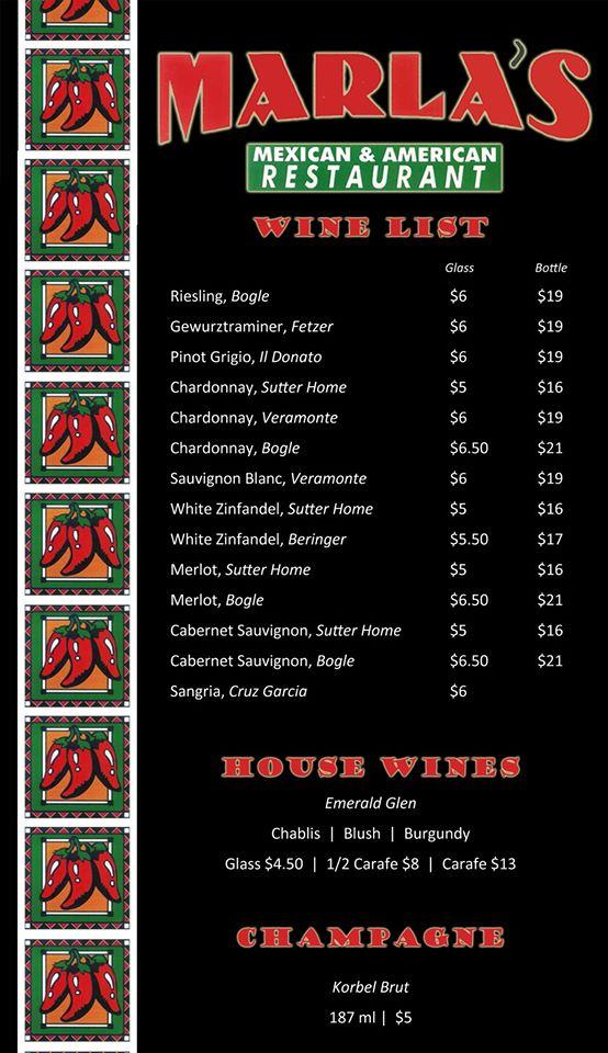 Menu at Marla's steakhouse, Beaumont