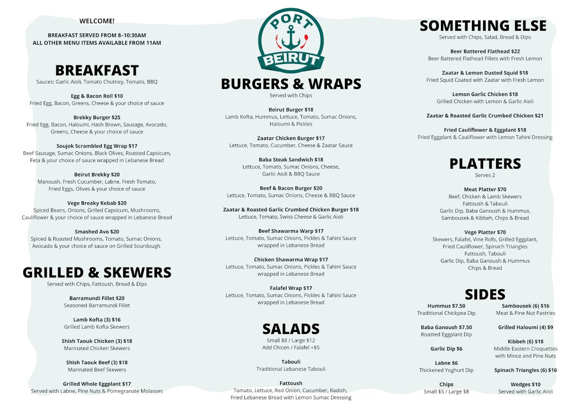 Menu at Port Beirut restaurant, Port Kembla