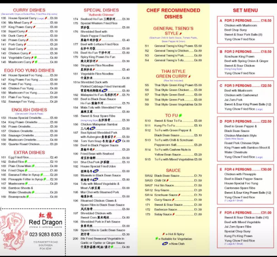 Menu at Red Dragon fast food, Portsmouth