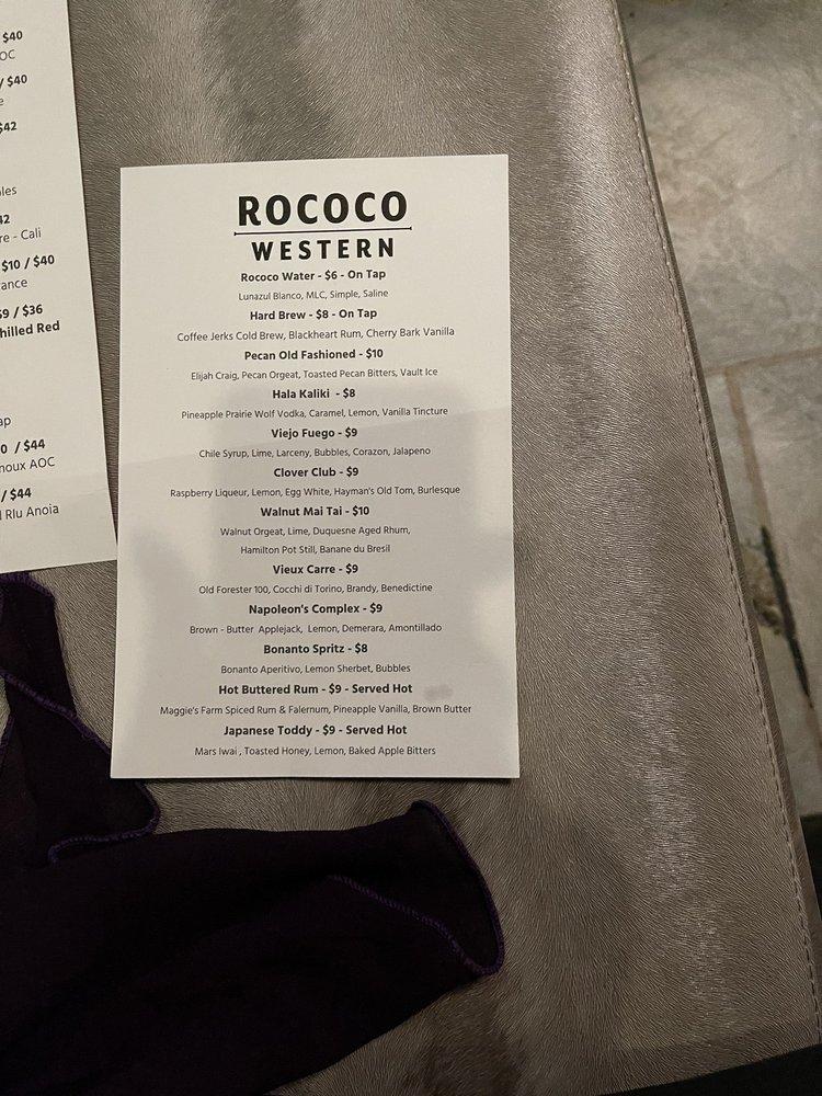 Menu at Rococo on Western restaurant, Oklahoma City, N Western Ave