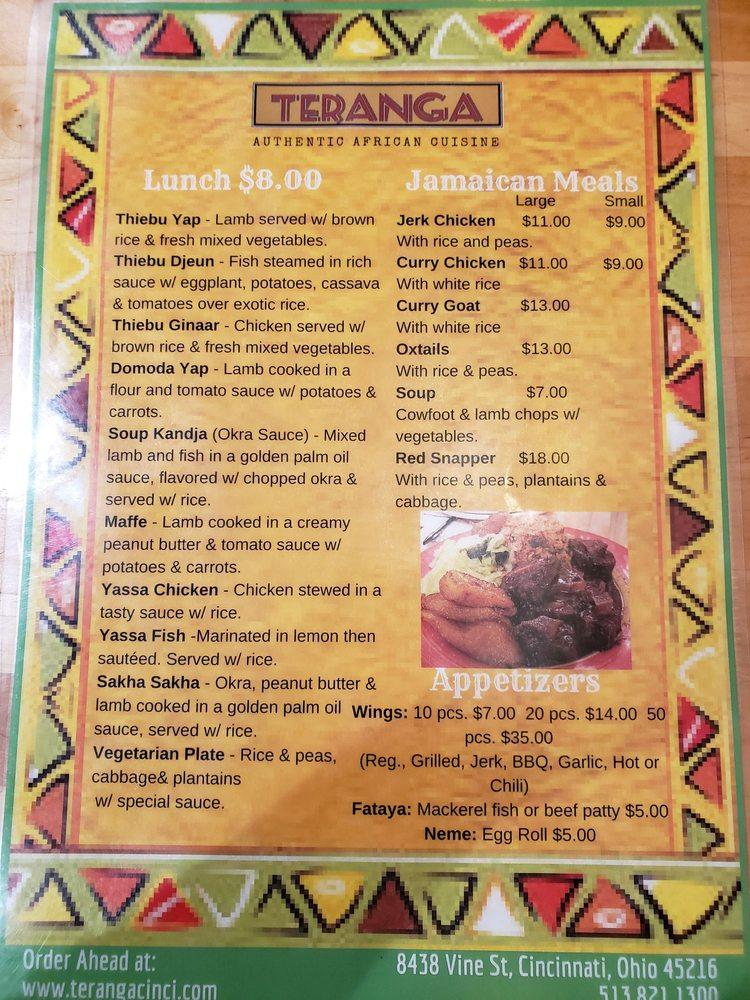 Menu at Teranga African Restaurant, Cincinnati
