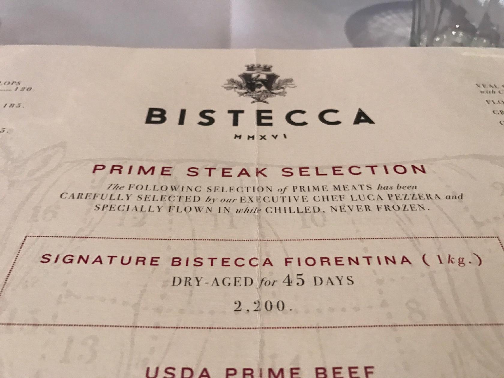 Menu at BISTECCA steakhouse, Jakarta