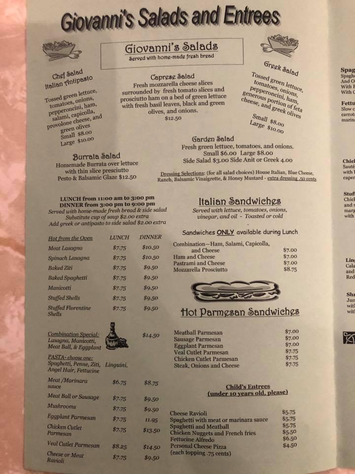 Menu at Giovanni's pizzeria, The Villages