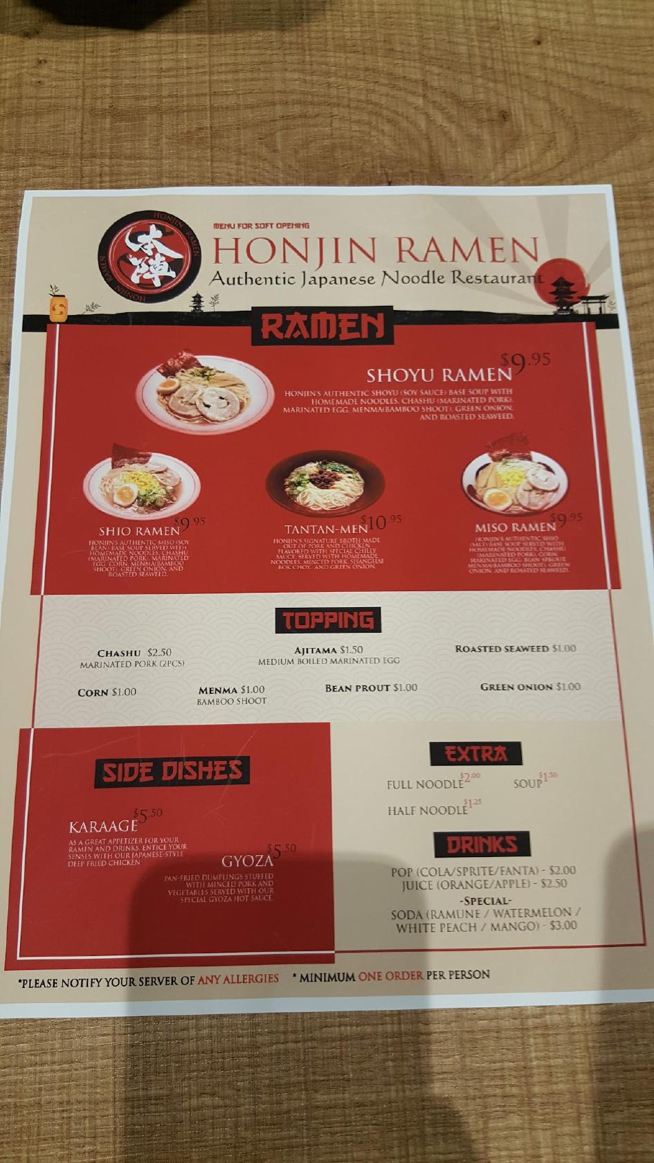 Menu at Honjin Ramen restaurant, Coquitlam